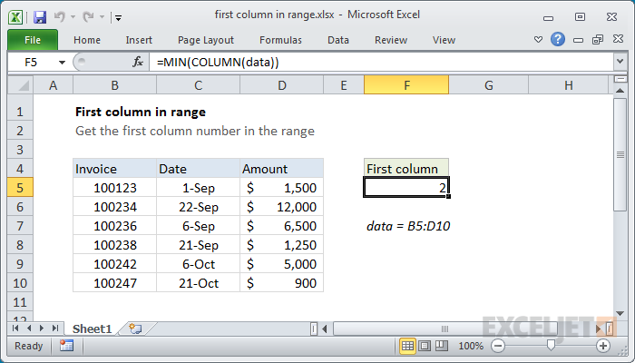Excel Formula First Column Number In Range Exceljet